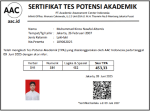 Sertifikat TPA Muhammad Kinza Nawfal Altamis - Tes TPA Online AAC